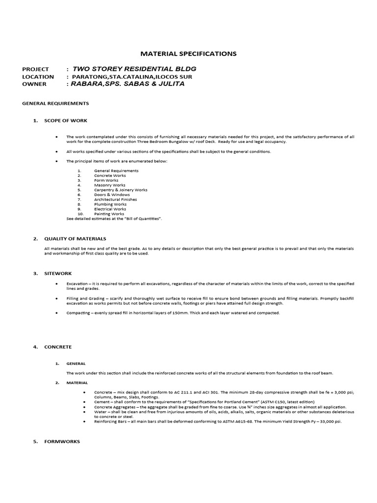 Material-Specs - Rabara, Sps. Sabas & Julita | PDF | Concrete | Lumber