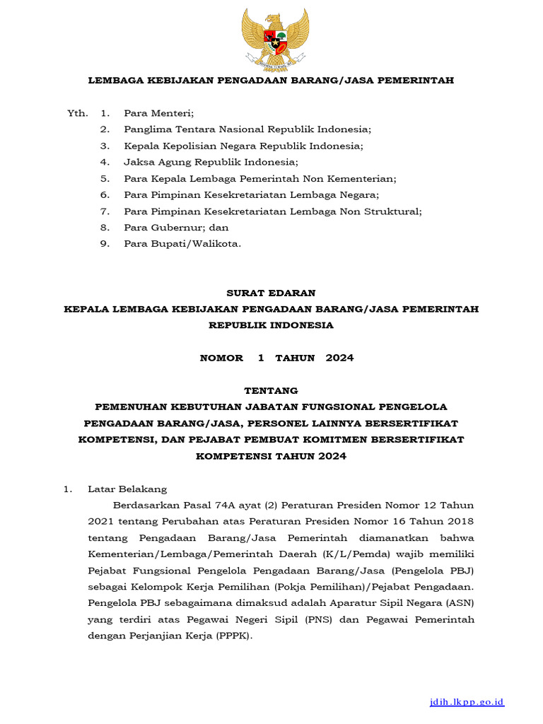 Surat Edaran Kepala LKPP Nomor 1 Tahun 2024 - 2317 - 1 | PDF