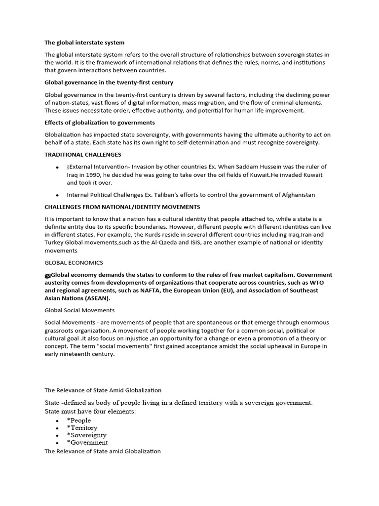 The Global Interstate System Reviewer 1 | PDF | Globalization | State ...