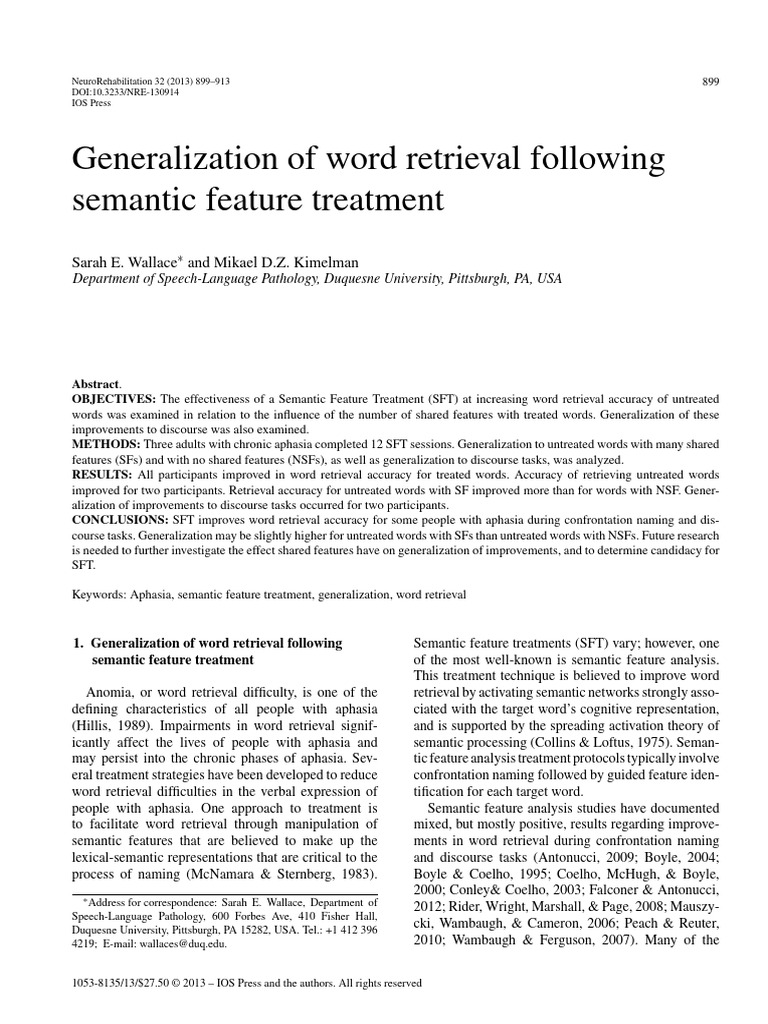 Wallace-Generalisation of Word Retrieval Following SFA Treatment | PDF ...