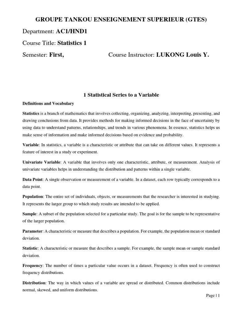 Statistics Notes Part 1 | PDF | Variance | Standard Deviation