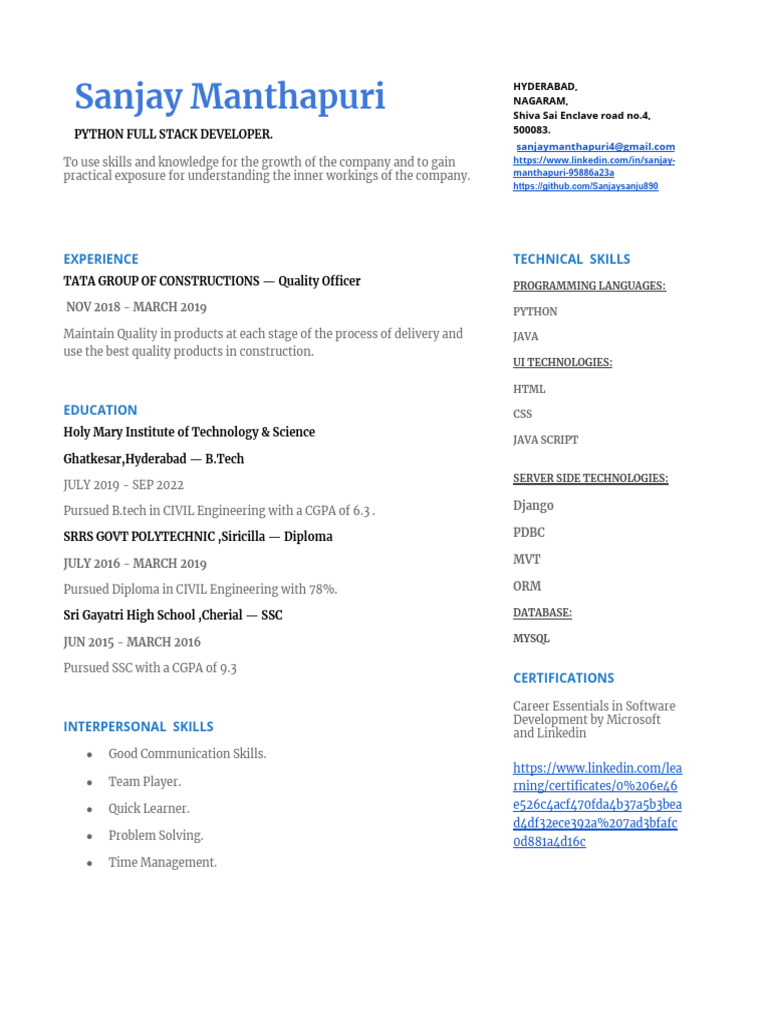 Resume Sanjay Pdf My Sql Computer Science