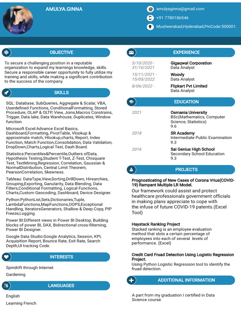 Amulya - Ginna Resume | PDF | Microsoft Excel | Statistics