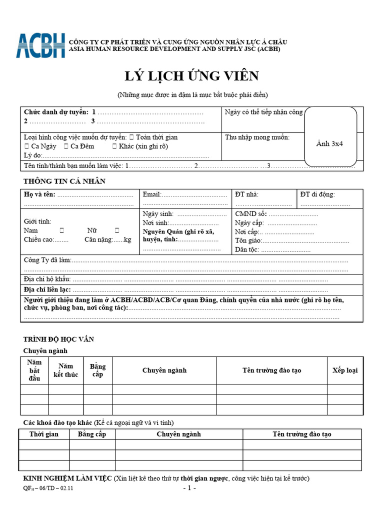 Mau Ly Lich Ung Vien ACBH | PDF