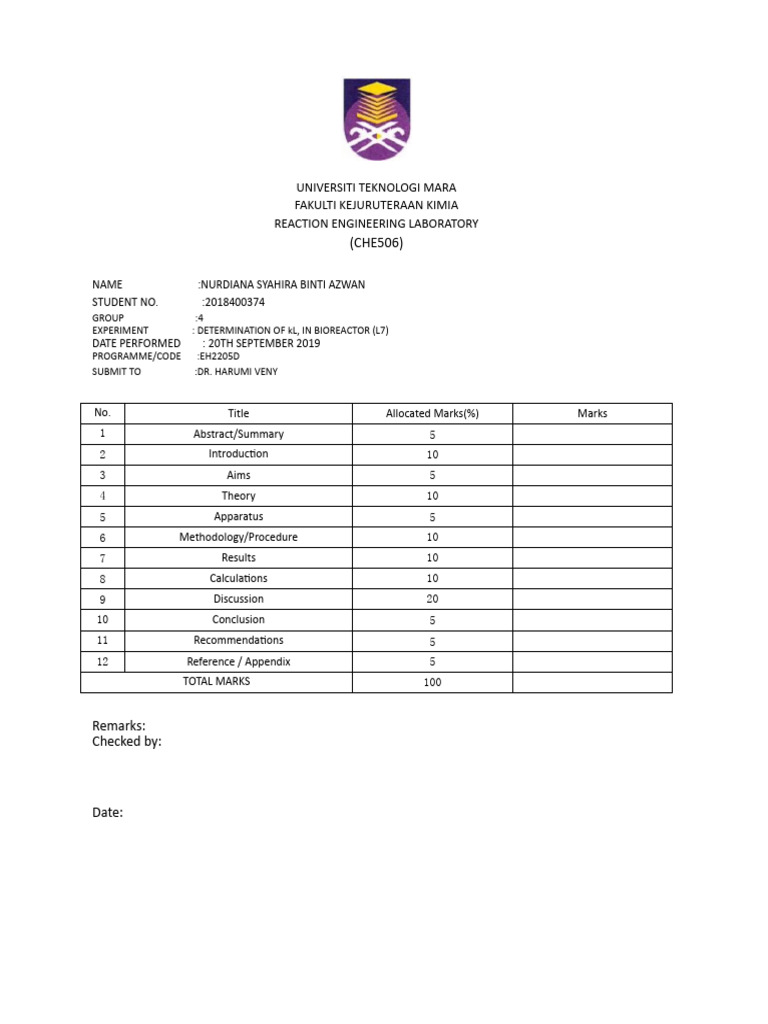 Lab 7 Determination of KLa in Bioreactor 231029 024751 | PDF | Chemistry | Chemical Engineering