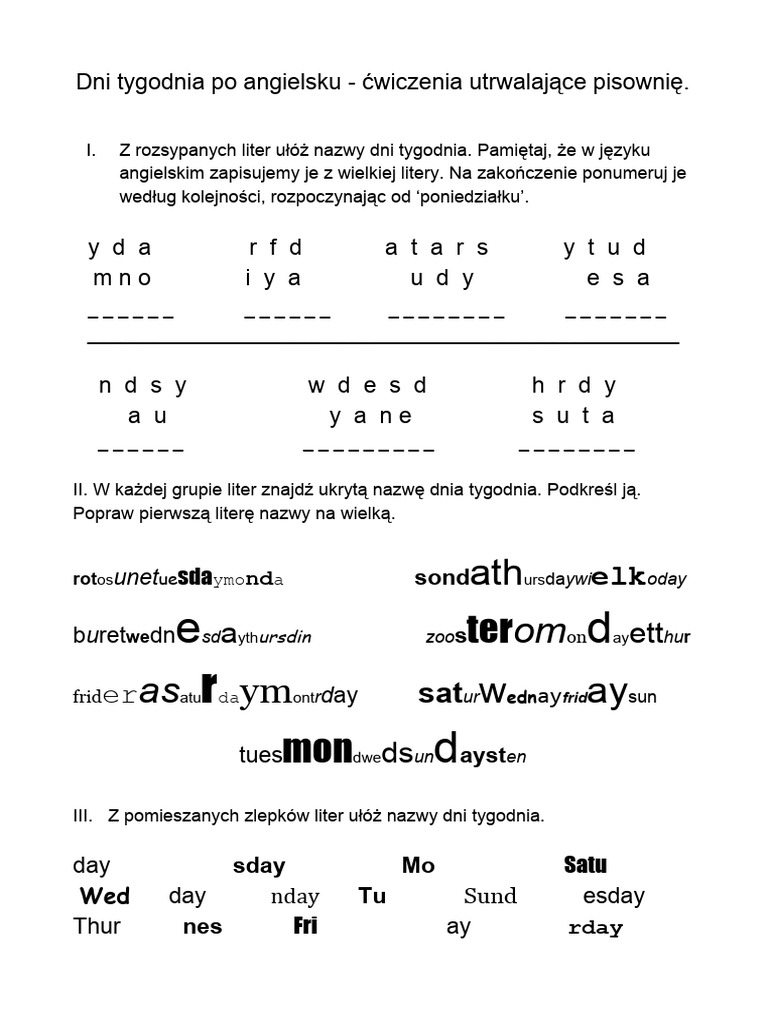 Dni Tygodnia Po Angielsku Ćwiczenia Utrwalające Pisownię 1 | PDF