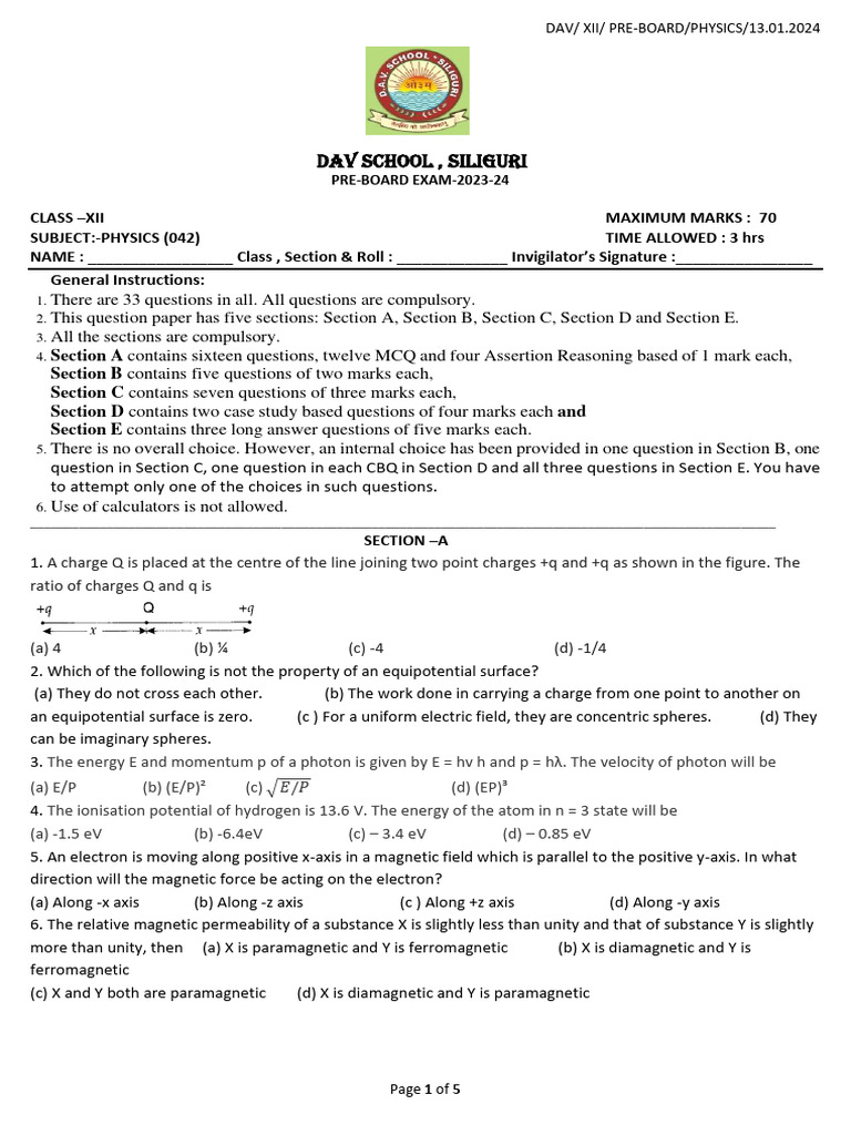 Preboard Physics 2023-24 | PDF | P–N Junction | Electron
