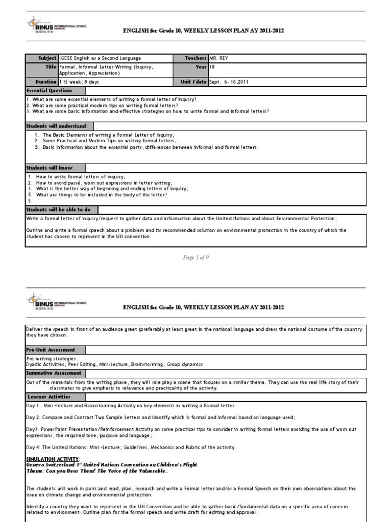 Week 8 Lesson Plan, Letter Writing (Inquiry) | PDF | Educational ...