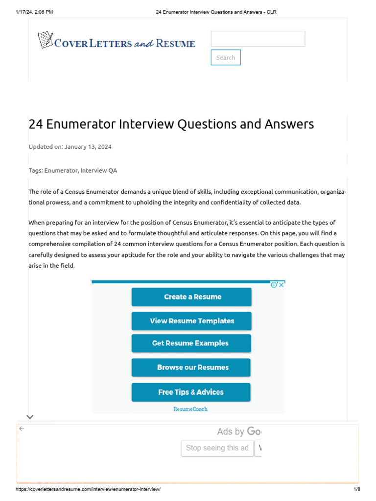 24 Enumerator Interview Questions and Answers - CLR | PDF | Census | Communication