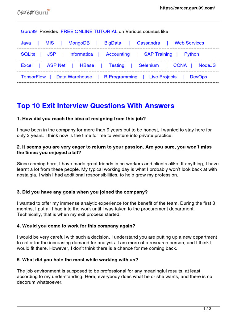 Top 10 Exit Interview Questions With Answers | PDF