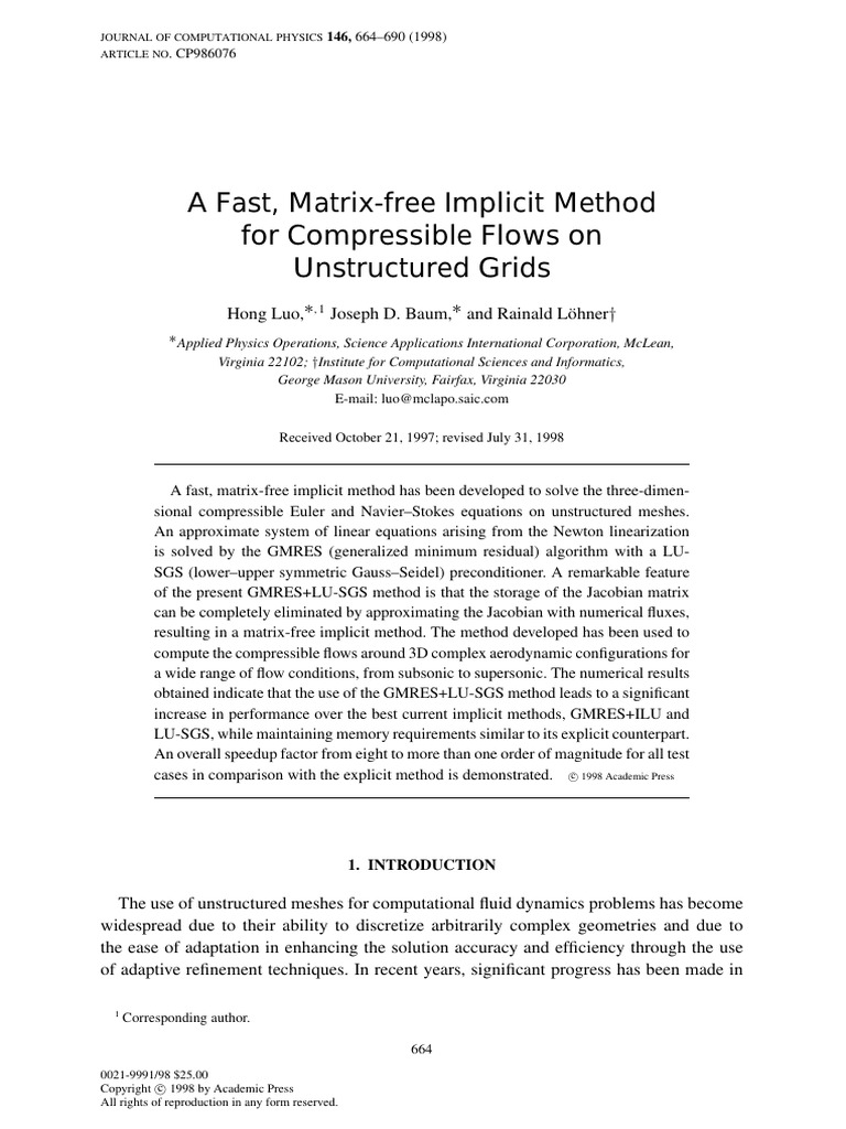 1999, Article, A Fast, Matrix-Free Implicit Method For Compressible Flows o Unstructured Grids ...