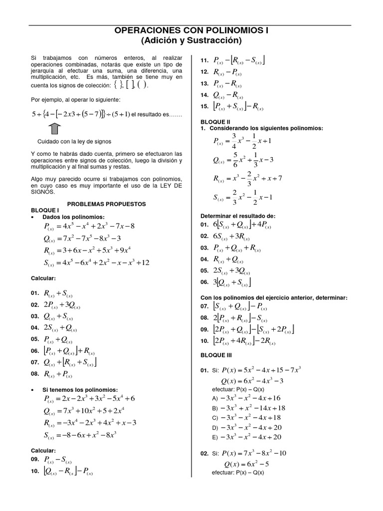 Operaciones Con Polinomios I | PDF | Matemáticas | Álgebra abstracta