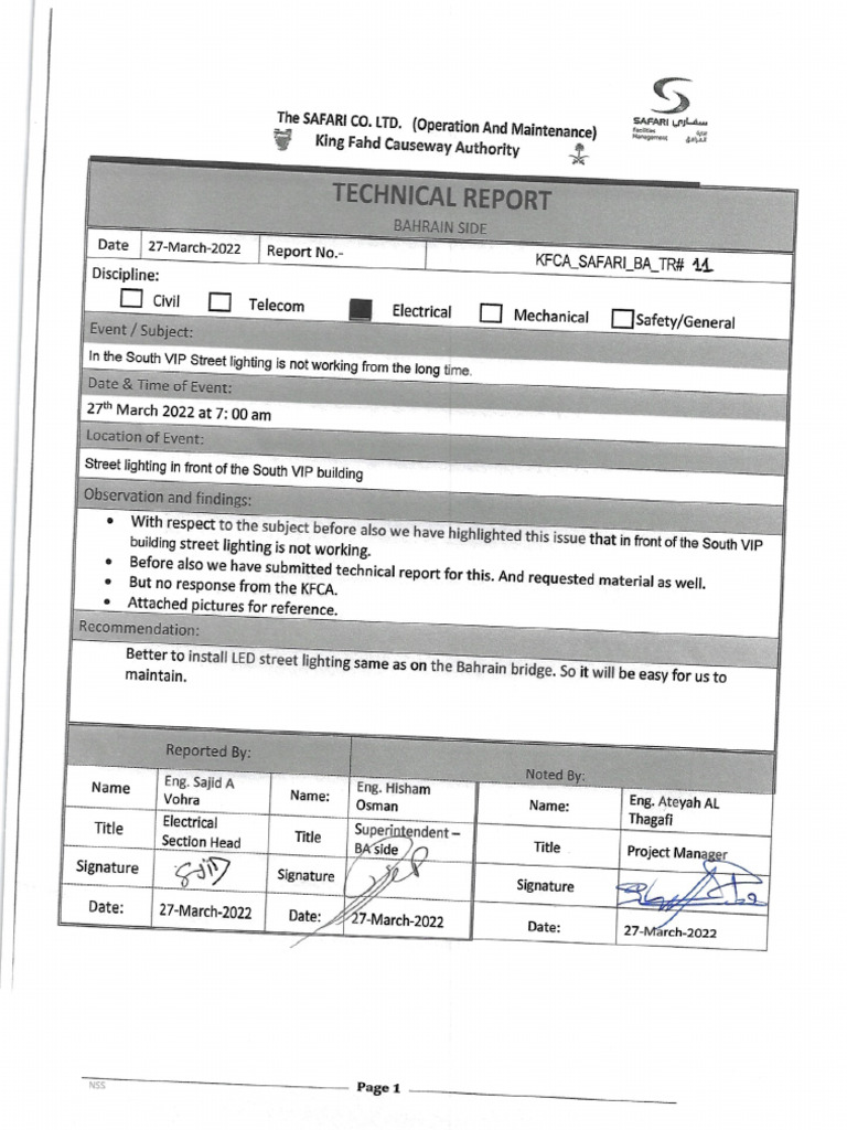 KFCA - SAFARI - BA - TR #011 ISSUED 27march, 2022 For STREET LIGHTING ...