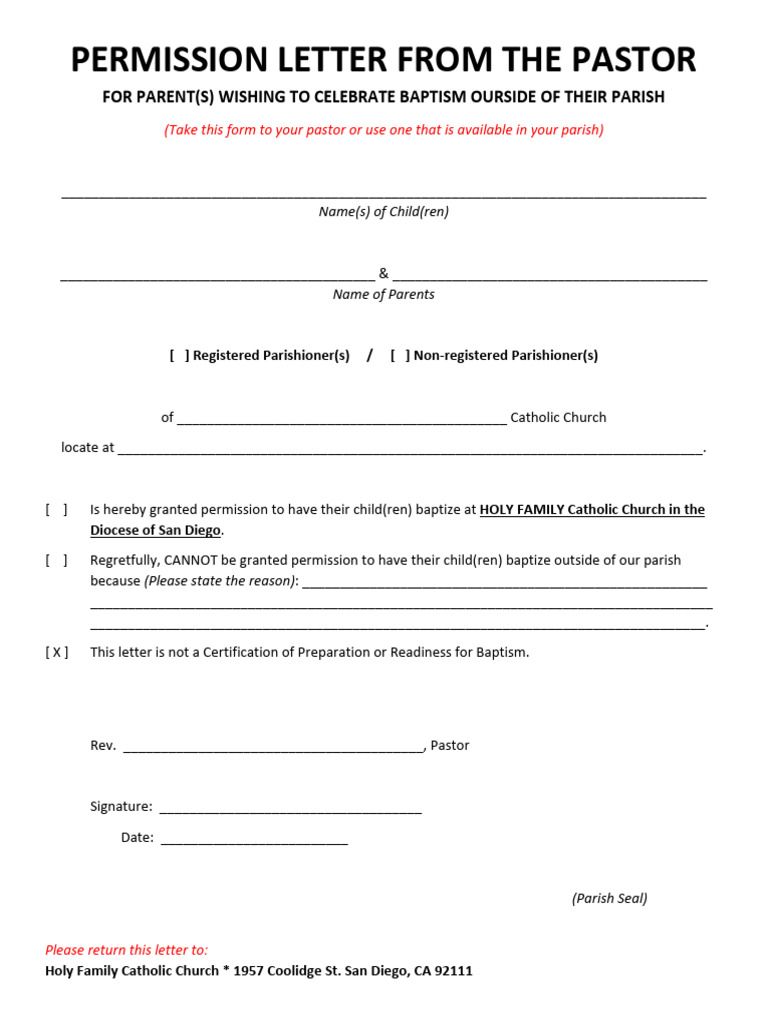 Permission Letter for Baptism Outside Parish | PDF