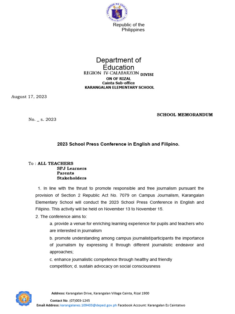 School Memo On SPC 2023 | PDF | Journalism | Mass Media