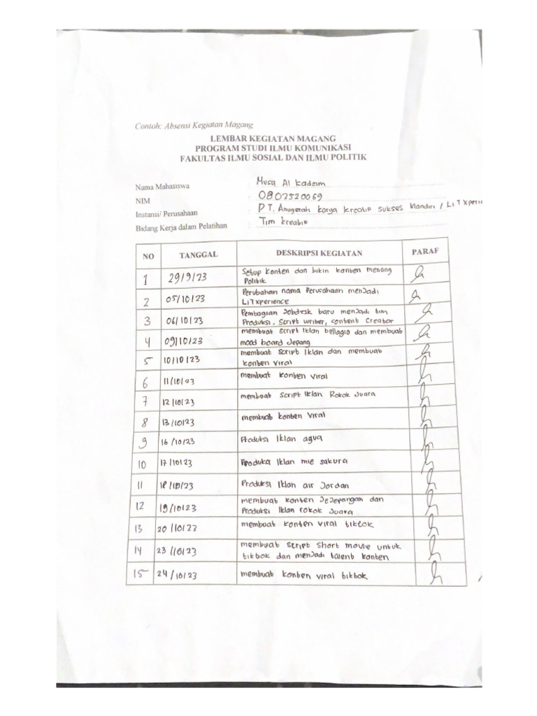 Contoh Absensi Kegiatan Magang | PDF