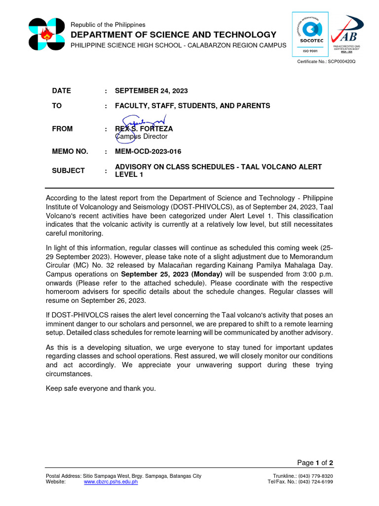 Mem Ocd 2023 016 Advisory On Class Schedules Taal Volcano Alert Level 1 ...