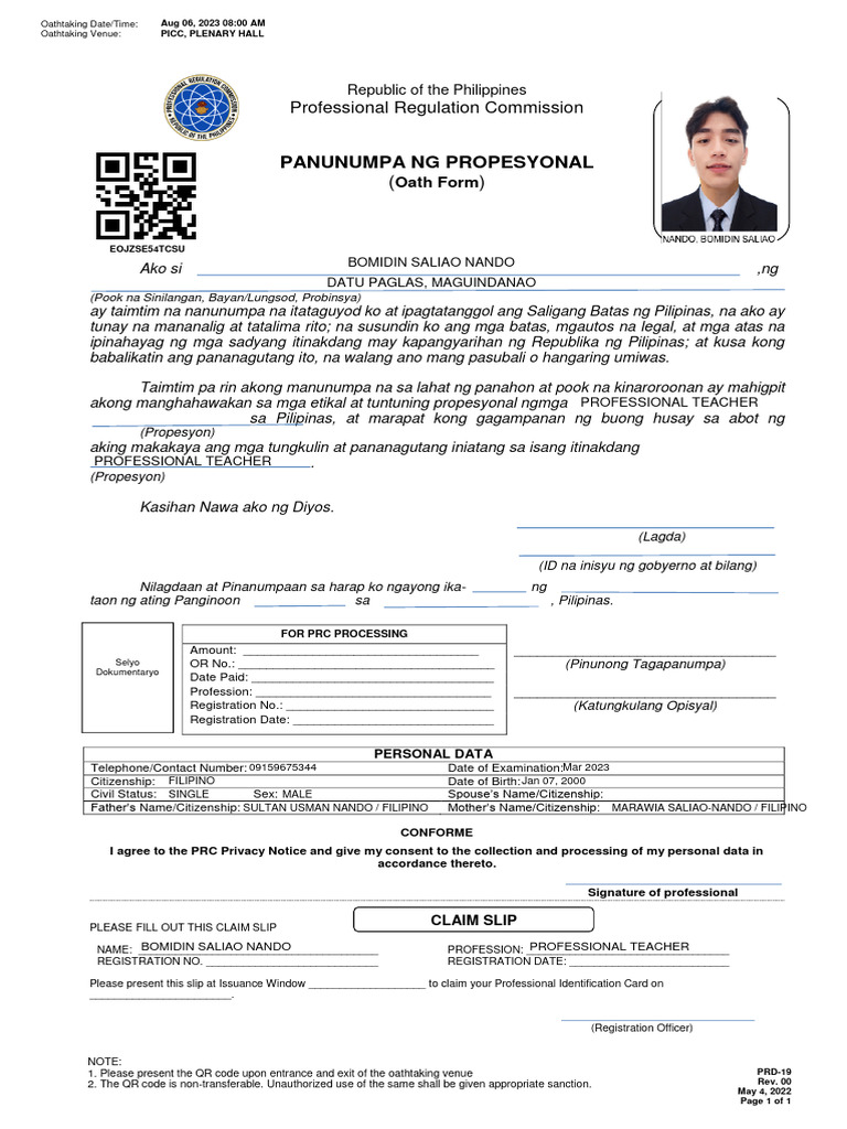 Panunumpa NG Propesyonal: Professional Regulation Commission | PDF
