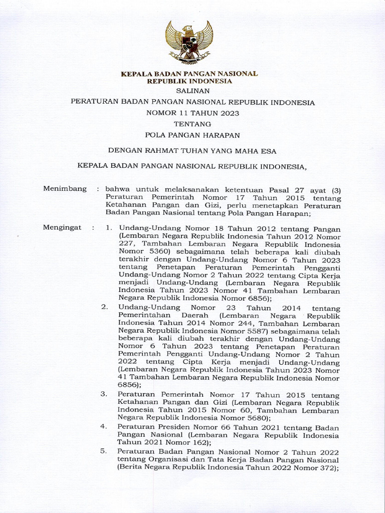 Salinan Perbadan 11 Tahun 2023 Pola Pangan Harapan | PDF
