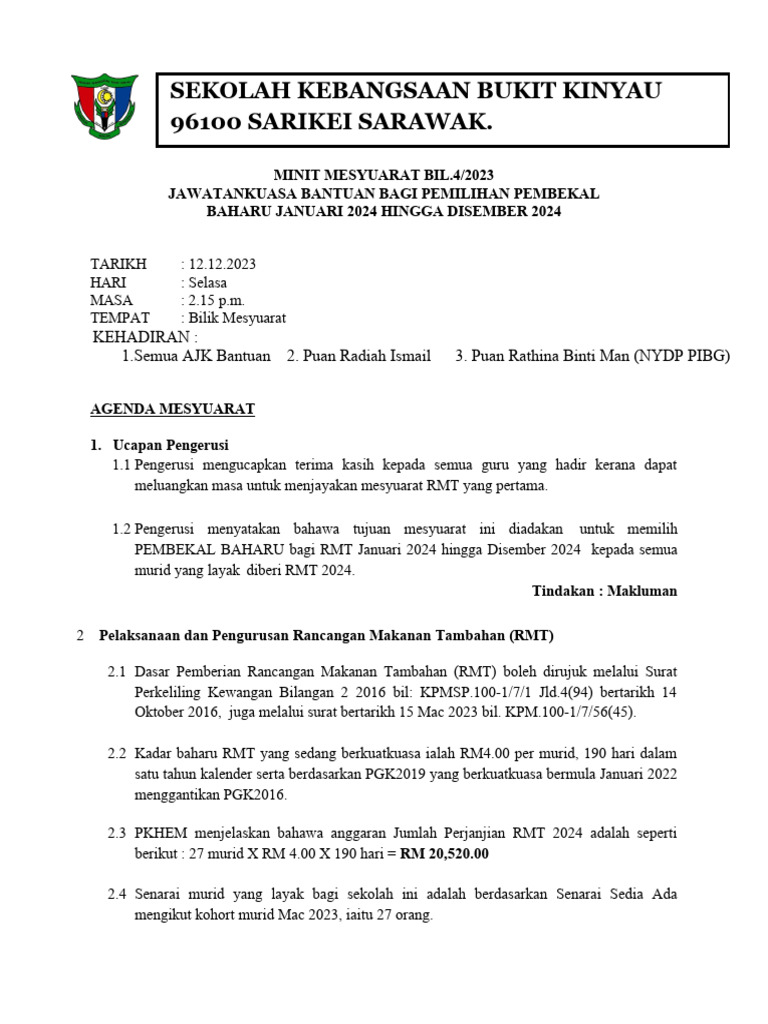 MINIT MESY RMT BIL1 2023 - Pembekal Baru 2024 | PDF