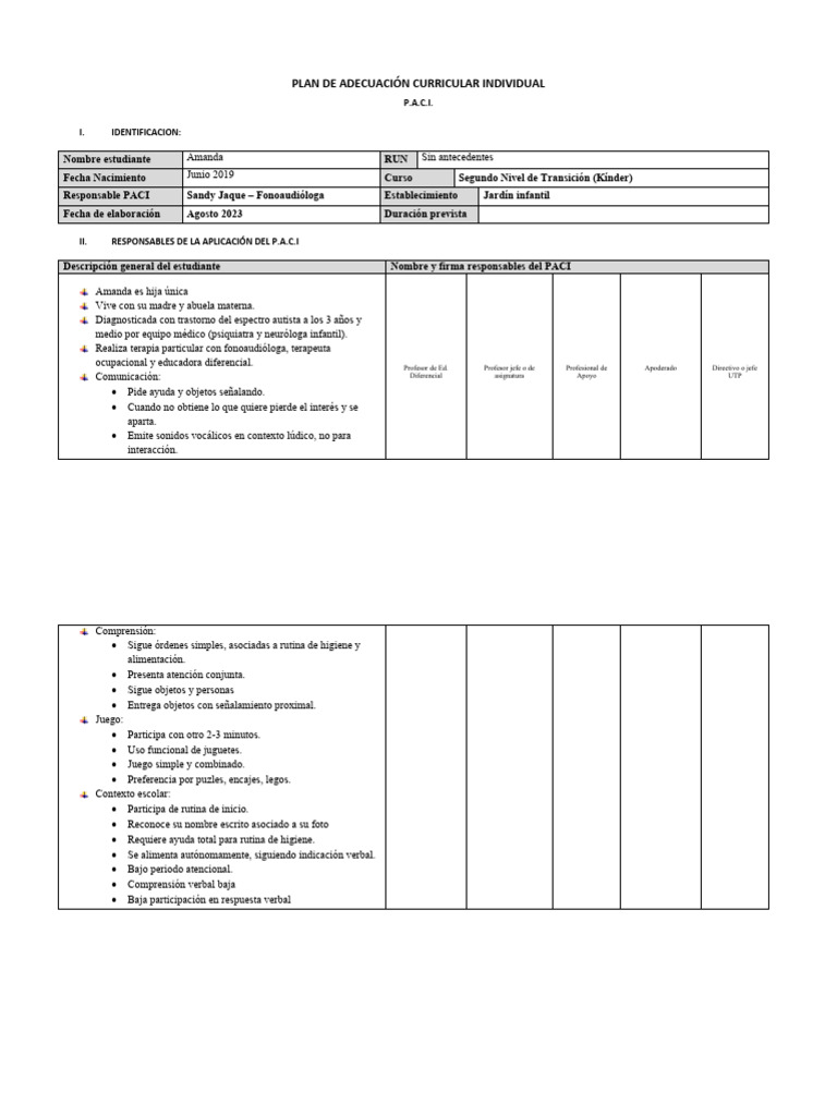 Ejemplo de PACI para Amanda en Kínder | PDF | Evaluación | Educación de ...