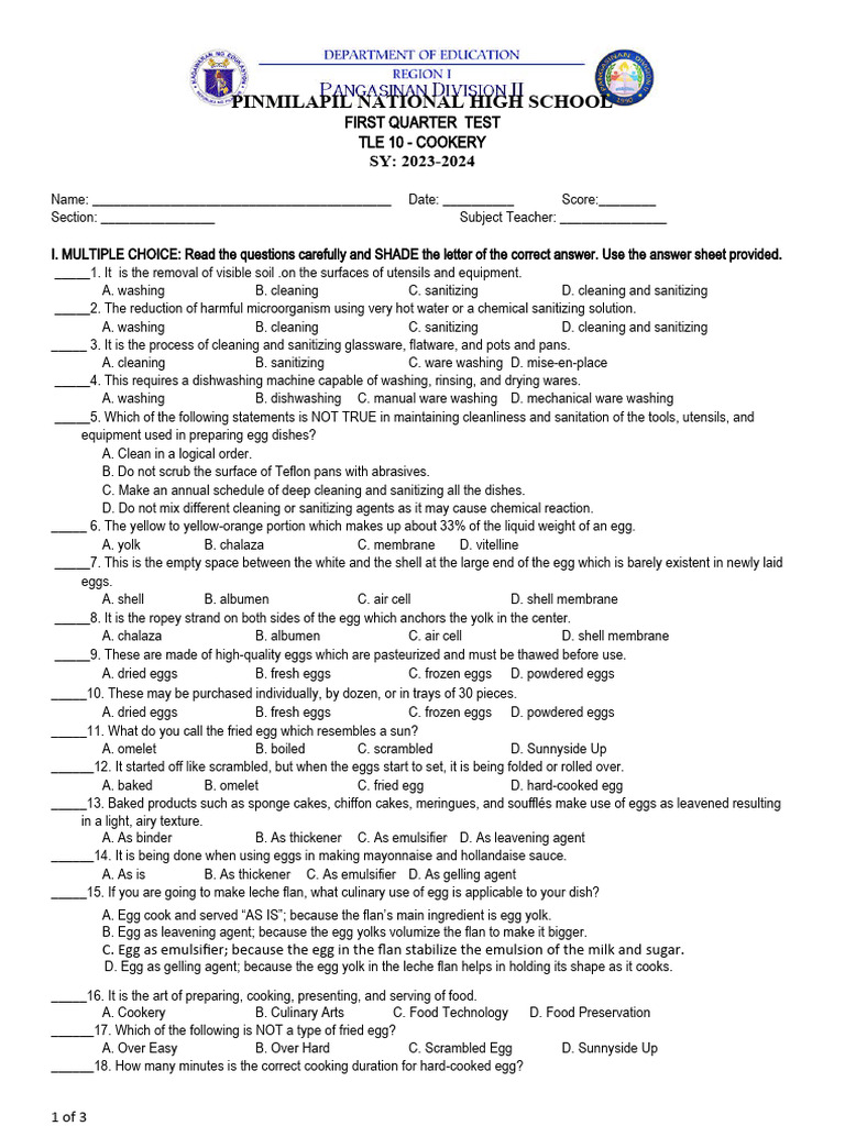 TLE 10 Cookery First Quarter Test | PDF | Pasta | Cooking
