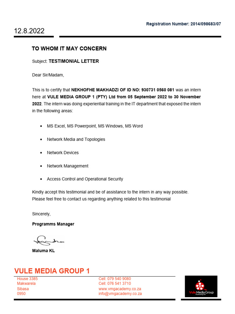 Testimonial Letter | PDF