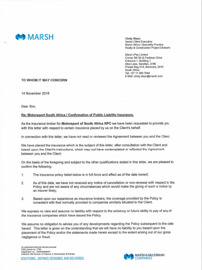 2019 Public Liability Insurance Confirmation Letter | PDF