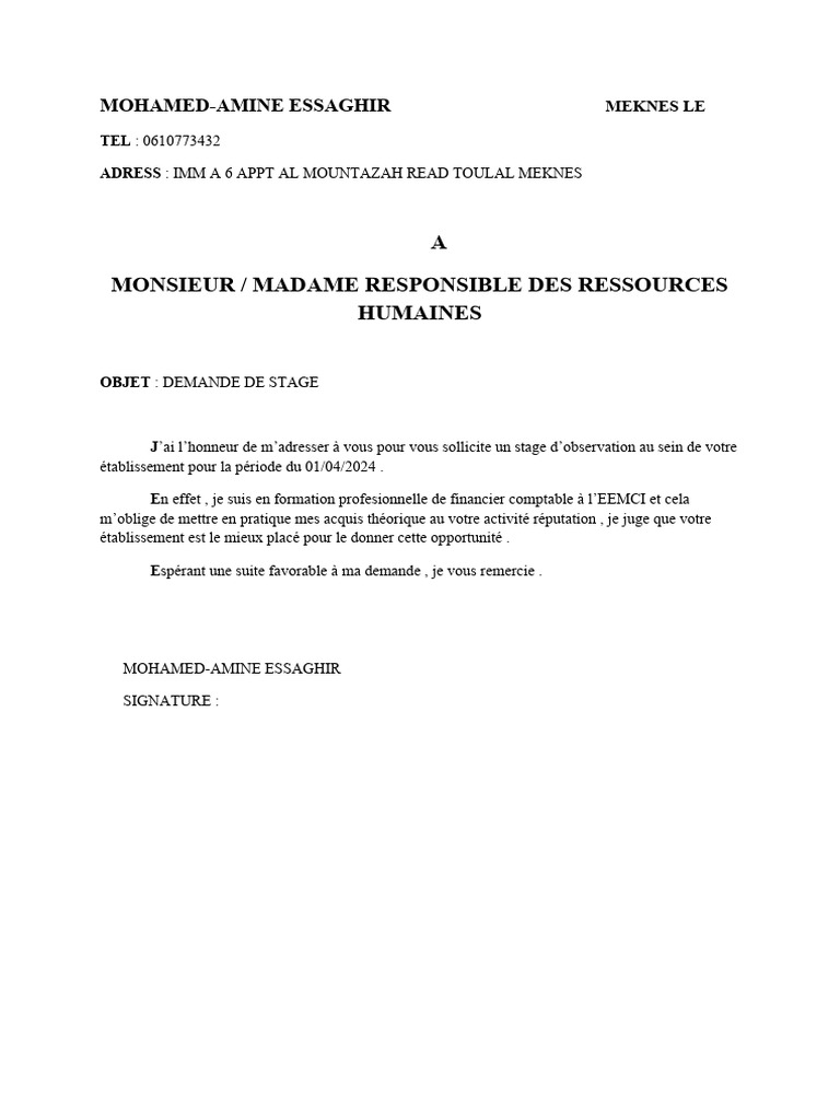 Demande de Stage Eemci | PDF