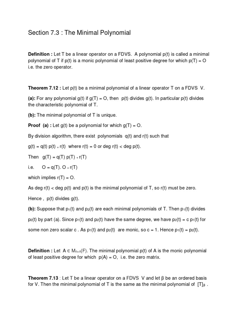 Understanding Minimal Polynomials in Linear Algebra | PDF | Polynomial ...