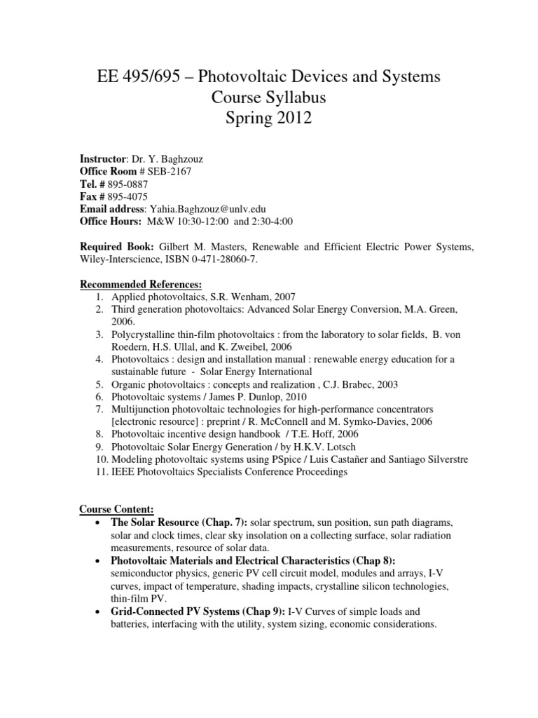 Ee 495-695 Syllabus 2012 | PDF | Photovoltaics | Photovoltaic System Ee 495-695 Syllabus 2012 | PDF | Photovoltaics | Photovoltaic System