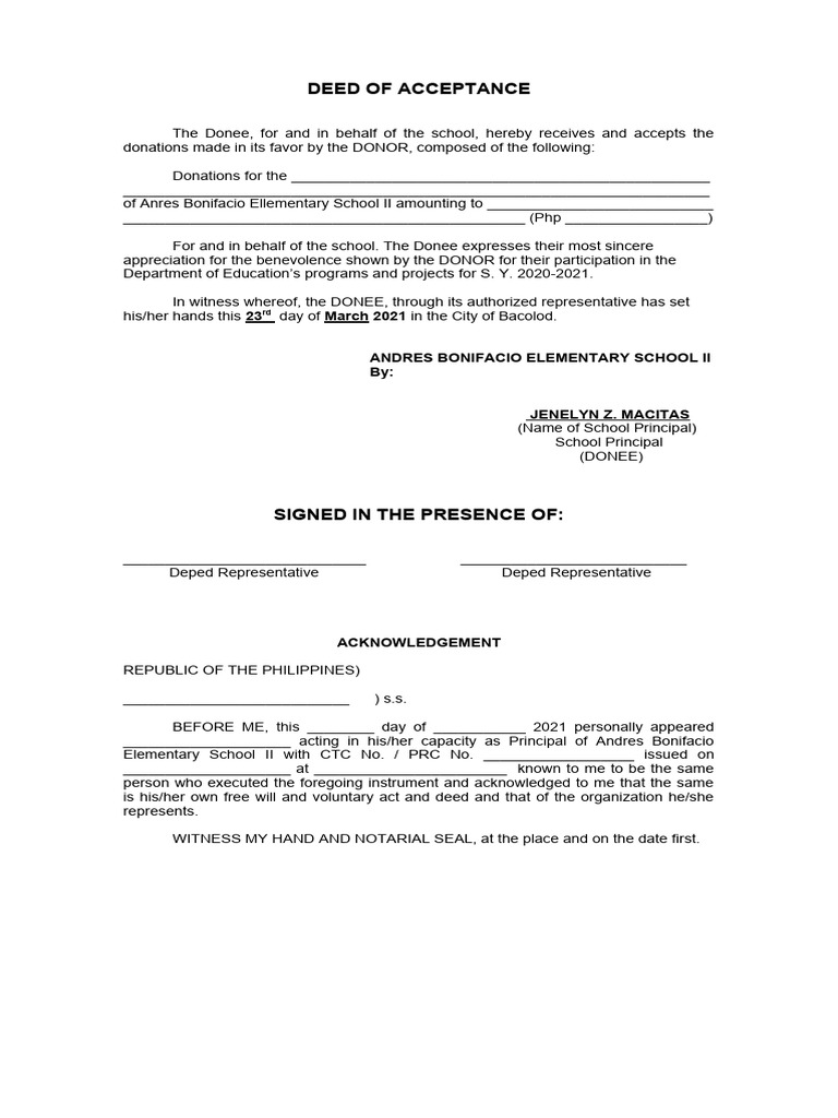 Deed of Acceptance for Donations | PDF