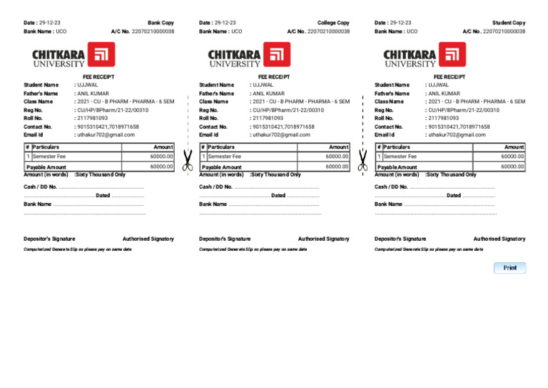 College Management System - Student Fee Slip | PDF | Money | Service Industries