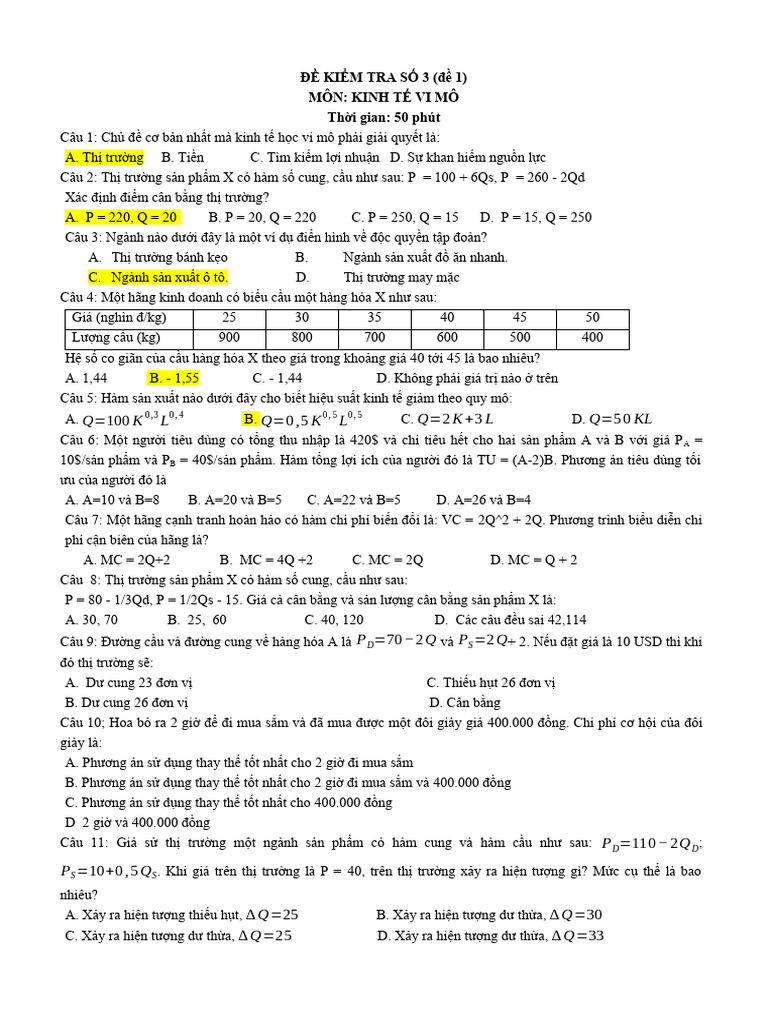 ĐỀ KIỂM TRA SỐ 3 Đề 1 KT VI Mô | PDF