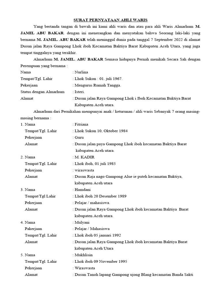 Surat Pernyataan Ahli Waris Lhok Iboh | PDF
