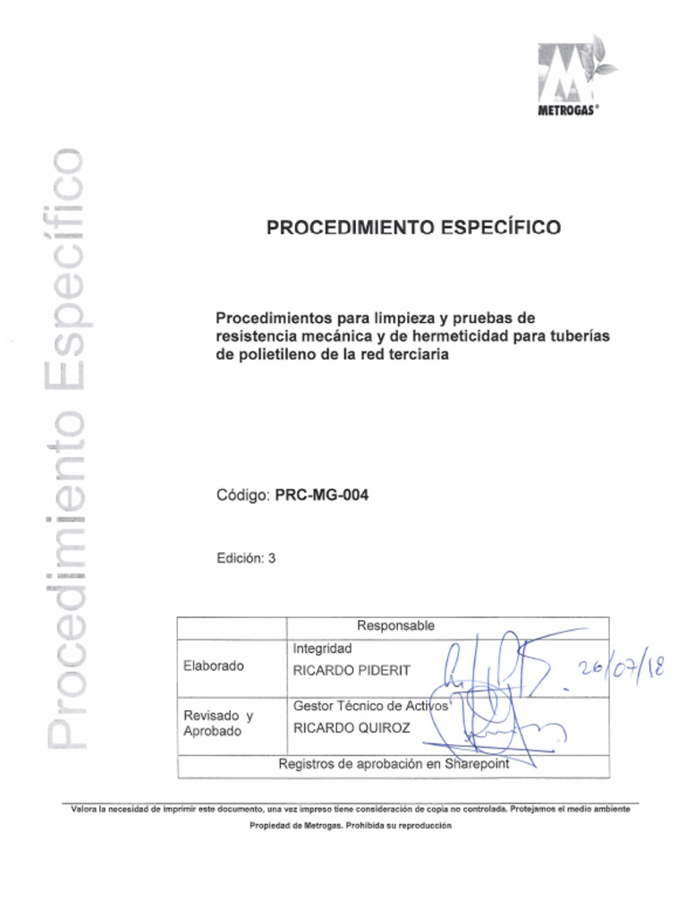 PRC-MG-004 Limpieza y Prueba de Resistencia Mecanica y de Hermeticidad para Tuberia de ...