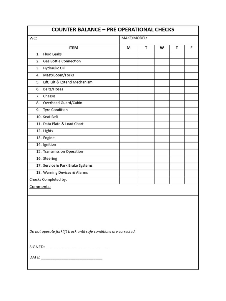 Forklift Pre-Operational Checklist | PDF