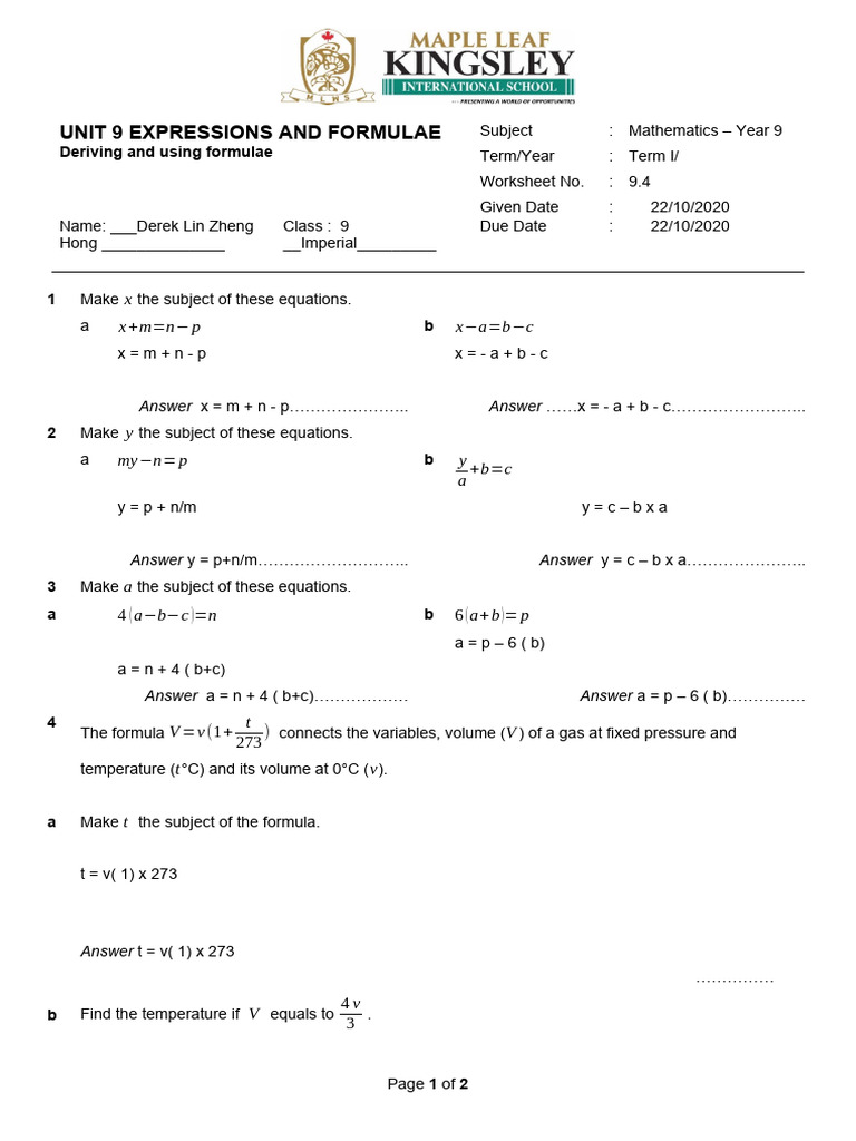 9.4 Deriving and Using Formulae | PDF | Teaching Methods & Materials | Science & Mathematics