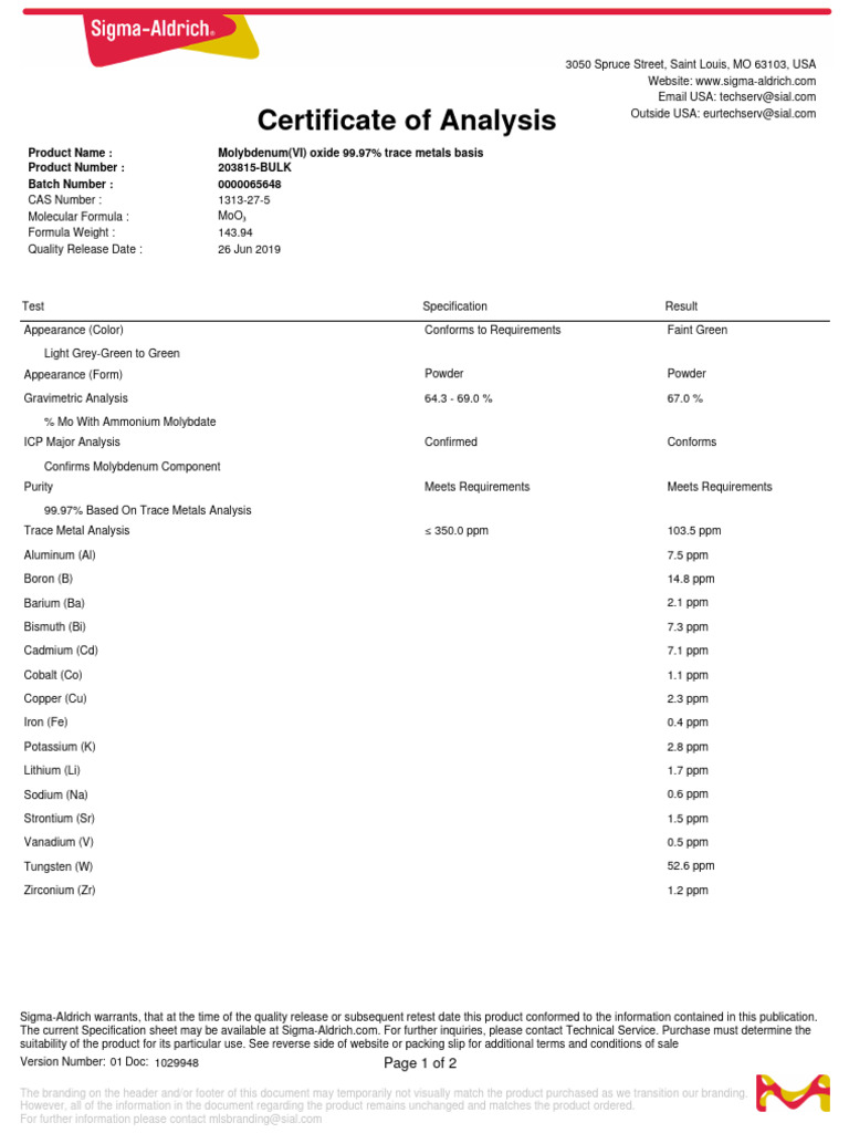 Certificate of Analysis | Download Free PDF | Molybdenum | Metals
