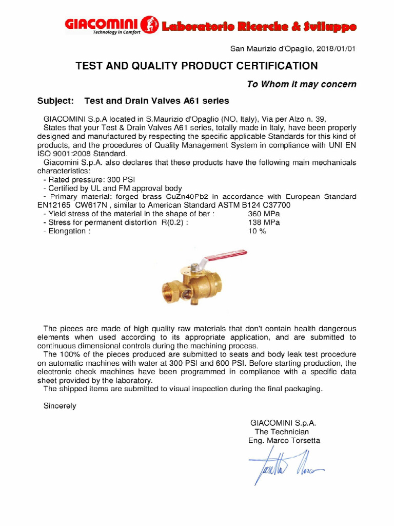 A61 - Test and Quality Certificate20 | PDF