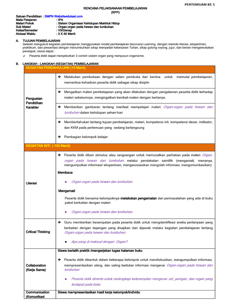 RPP MATERI SEL KELAS 7 Pertemuan 5 | PDF