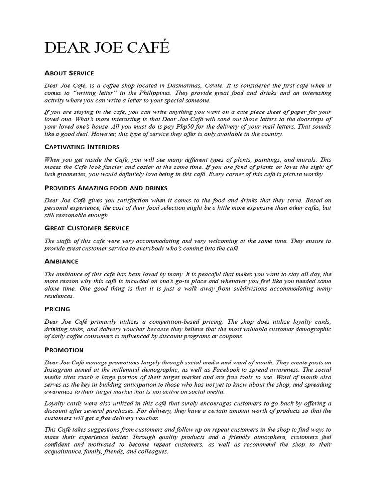 DEAR JOE CAFÉ ANALYSIS | PDF | Coffeehouse | Pricing
