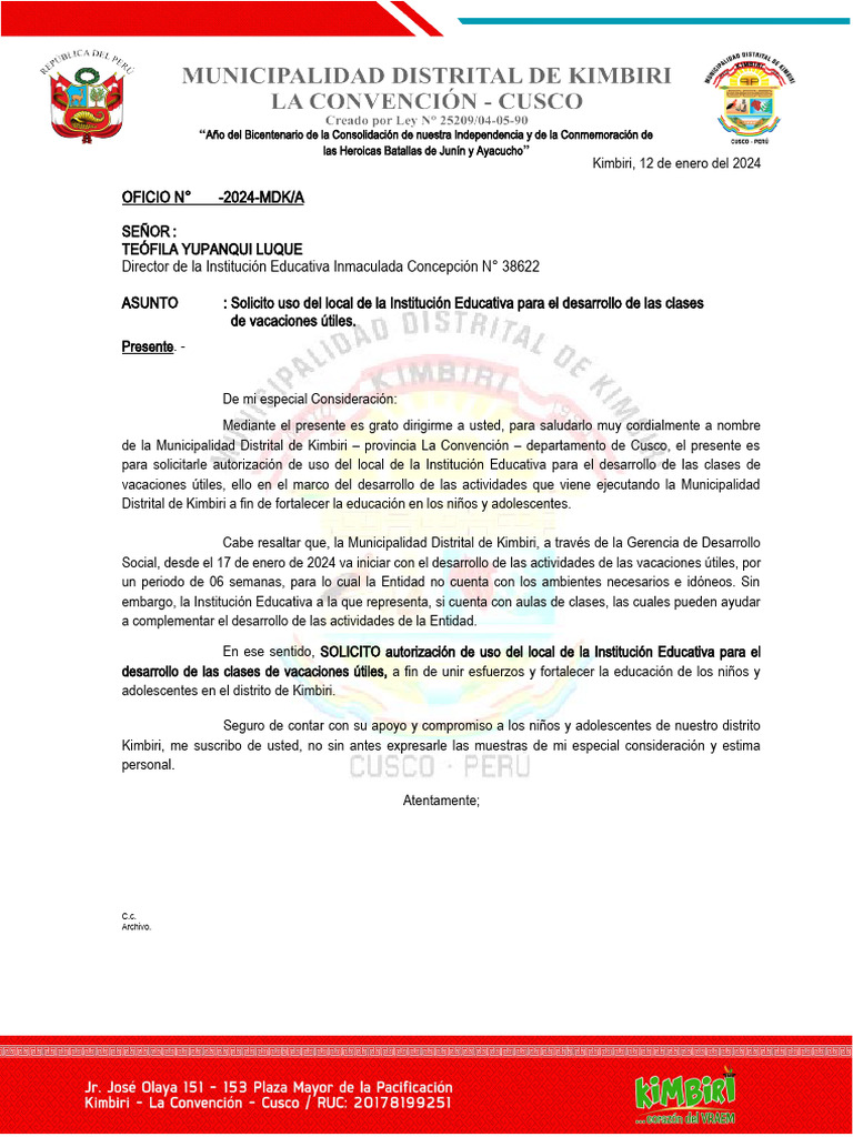 Oficio Simple # - 2023 Solicitud de Uso de Aulas de Las I.E. | PDF