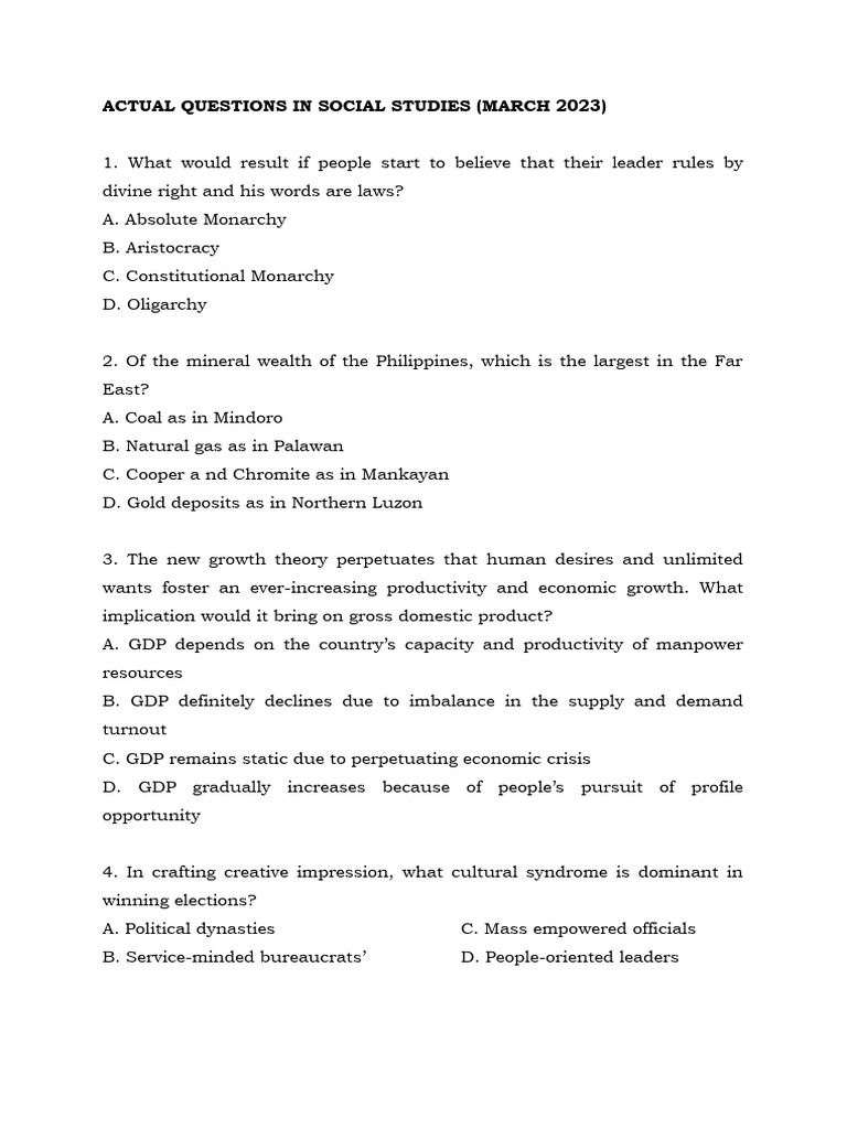 Actual Questions in Social Studies March 2023 | PDF
