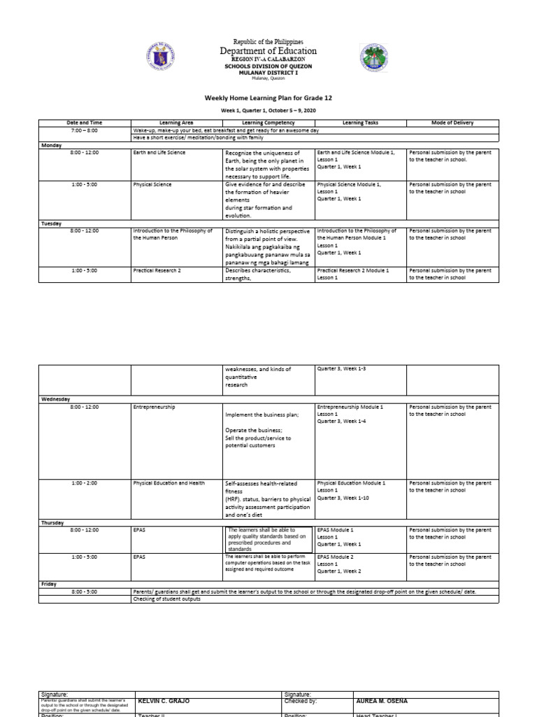 Weekly Home Learning Plan For Grade 12 | PDF | Cognition | Learning