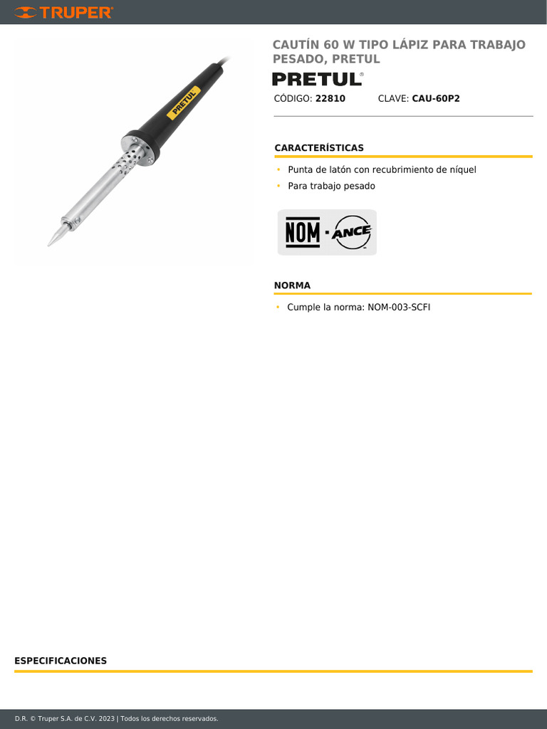 Cautín 60 W Tipo Lápiz para Trabajo Pesado, Pretul: Características | PDF