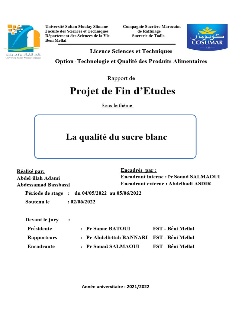 Rapport de Stage COSUMAR PFED Version 1 | PDF