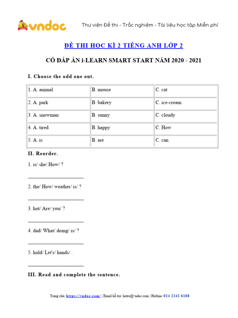 De Thi Tieng Anh Lop 2 Hoc Ki 2 I Learn Smart Start Nam 2021 So 3 | PDF