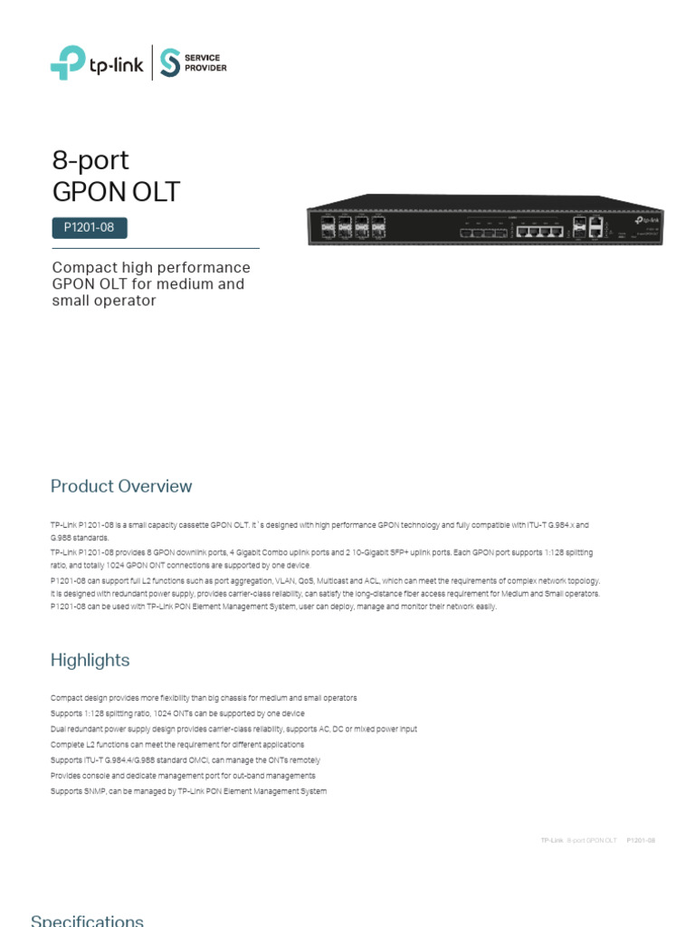 P1201-08 OLT Datasheet | PDF | Service Industries | Computer Architecture