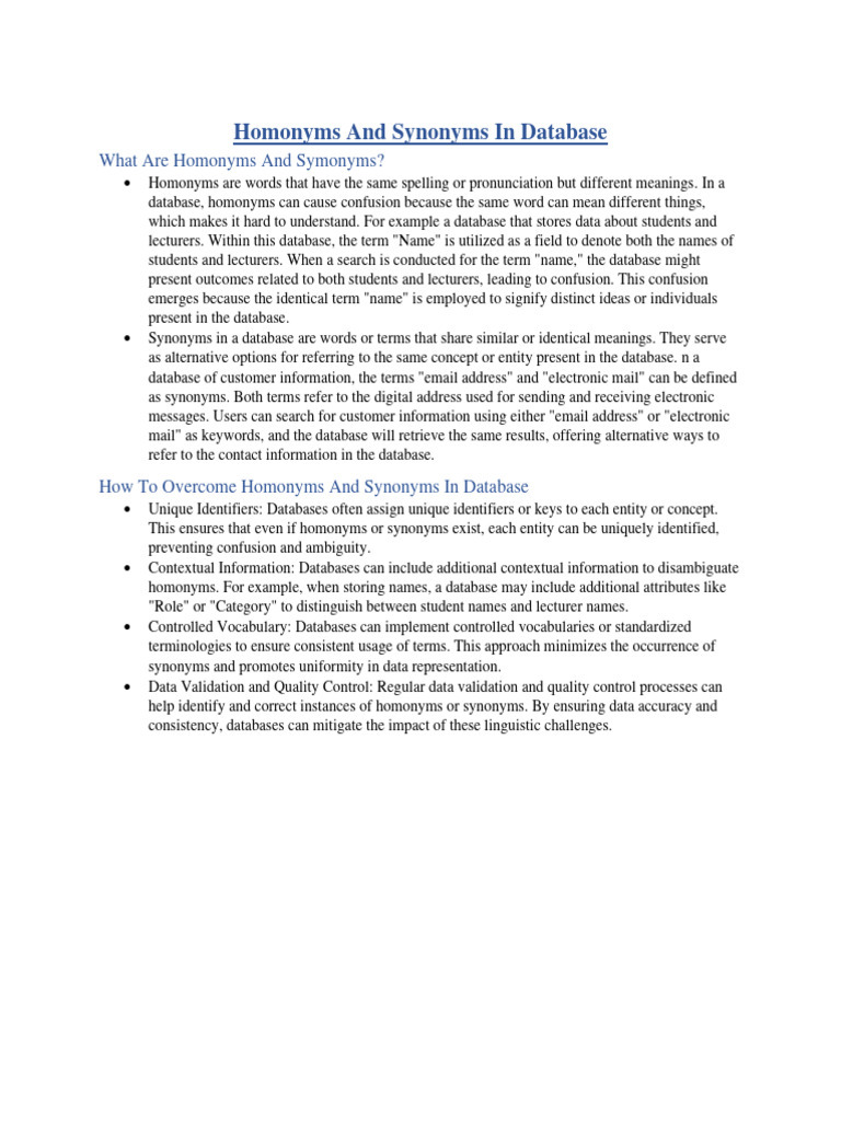 Homonyms And Synonyms In Database | PDF | Databases | Information